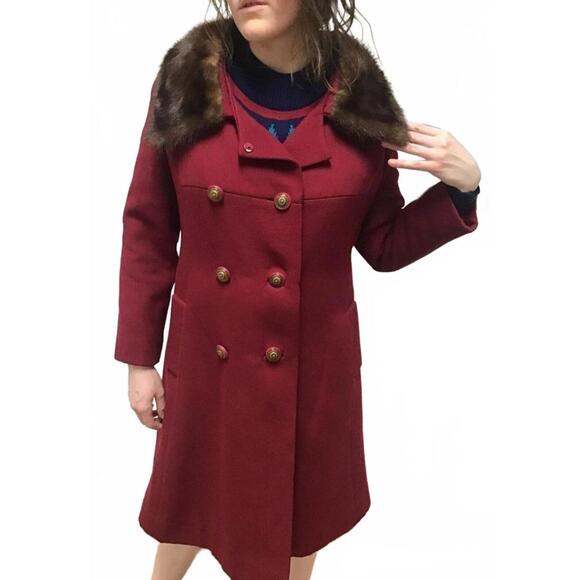 Jackets & Coats | 195s Red Wool Swing Coat W Fur Collar Union Made Sm ...